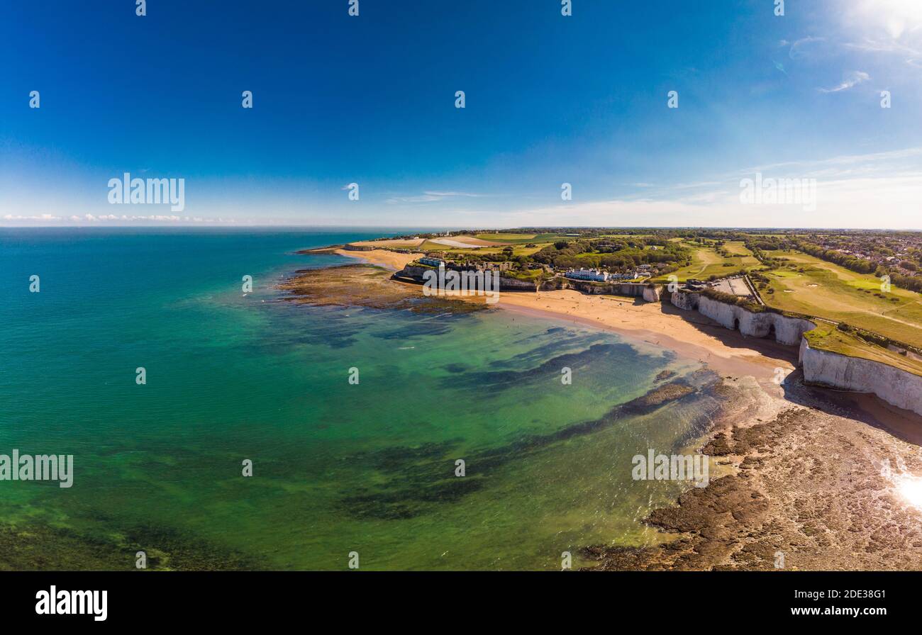 Drone aerial view of the beach and white cliffs on sunny day, Margate ...