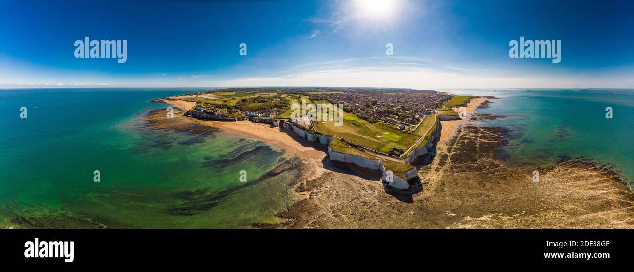 Drone aerial view of the beach and white cliffs on sunny day, Margate ...