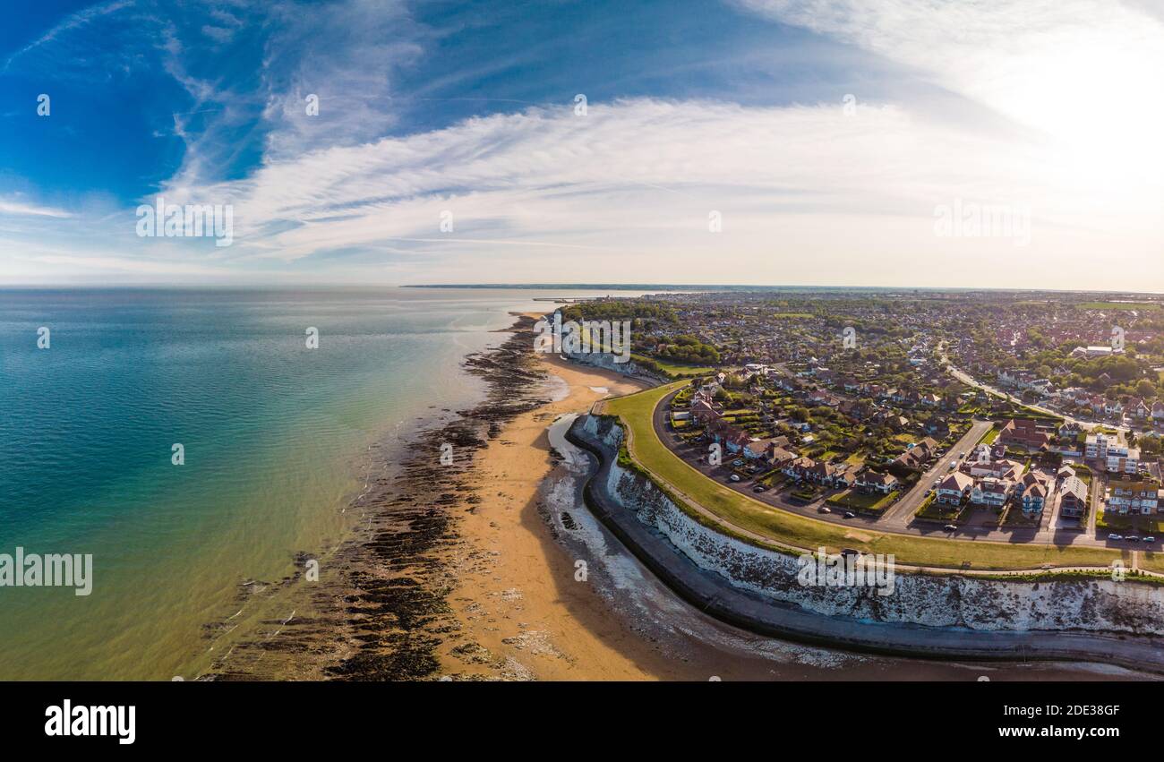 Drone aerial view of the beach and white cliffs on sunny day, Margate ...