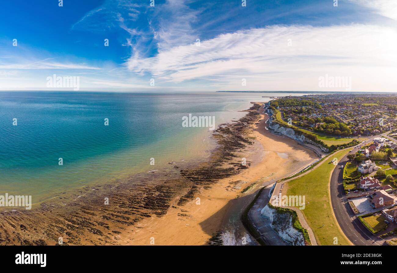 Drone aerial view of the beach and white cliffs on sunny day, Margate ...