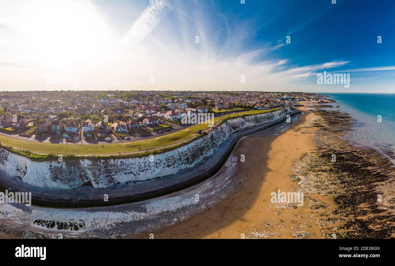 Drone aerial view of the beach and white cliffs on sunny day, Margate ...