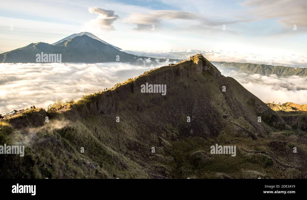 Volcano eruption at sunrise. Mount Agung, Bali, Indonesia Stock Photo ...