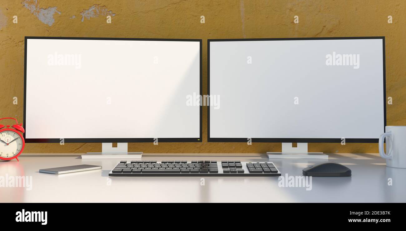 Two blank white computer screens on desktop monitors, keyboard, mouse ...