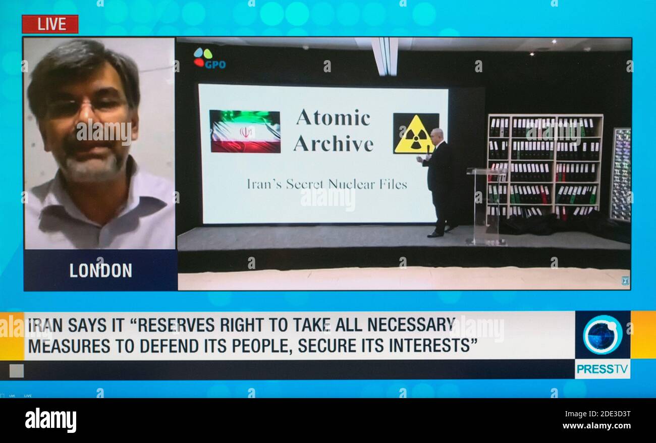November 28, 2020, Tehran, Iran - Screen grab of a broadcast from Press ...