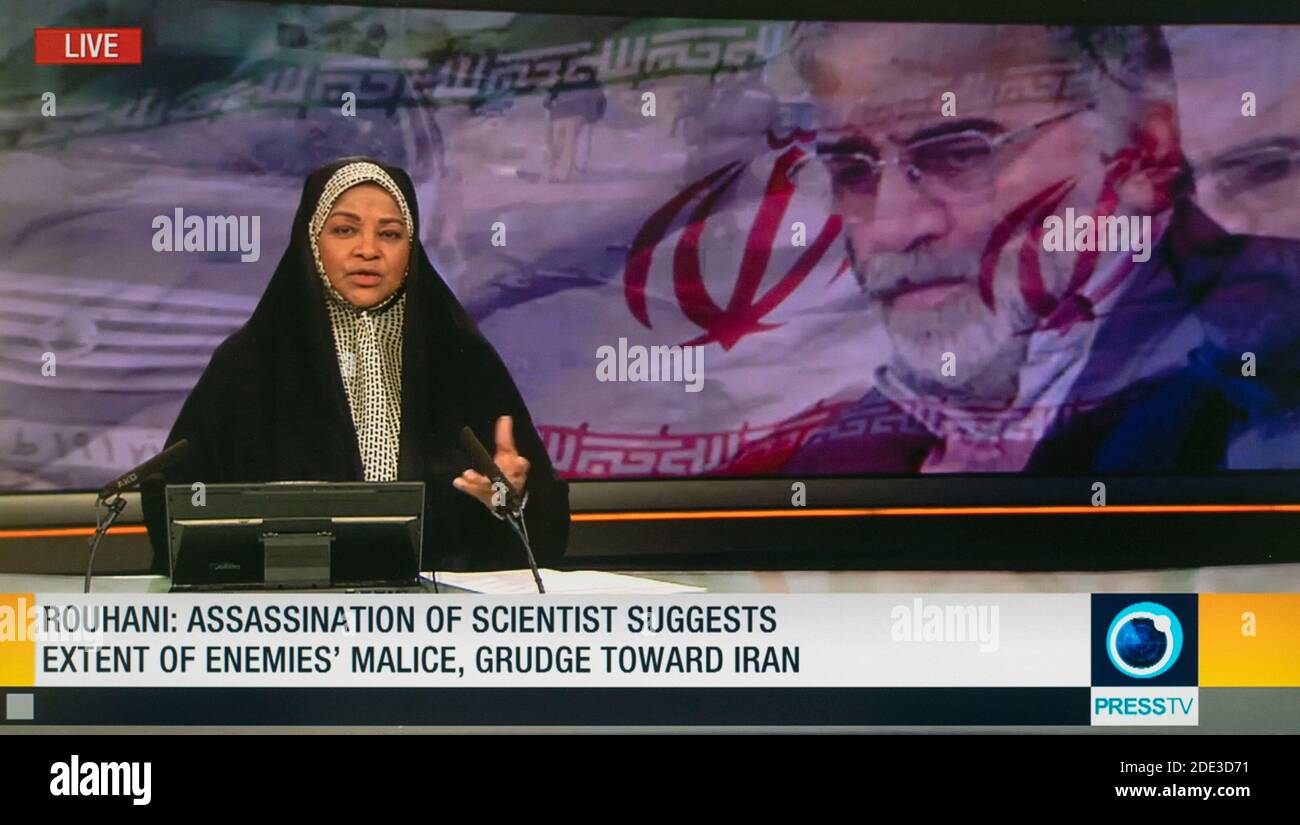 November 28, 2020, Tehran, Iran - Screen grab of a broadcast from Press ...