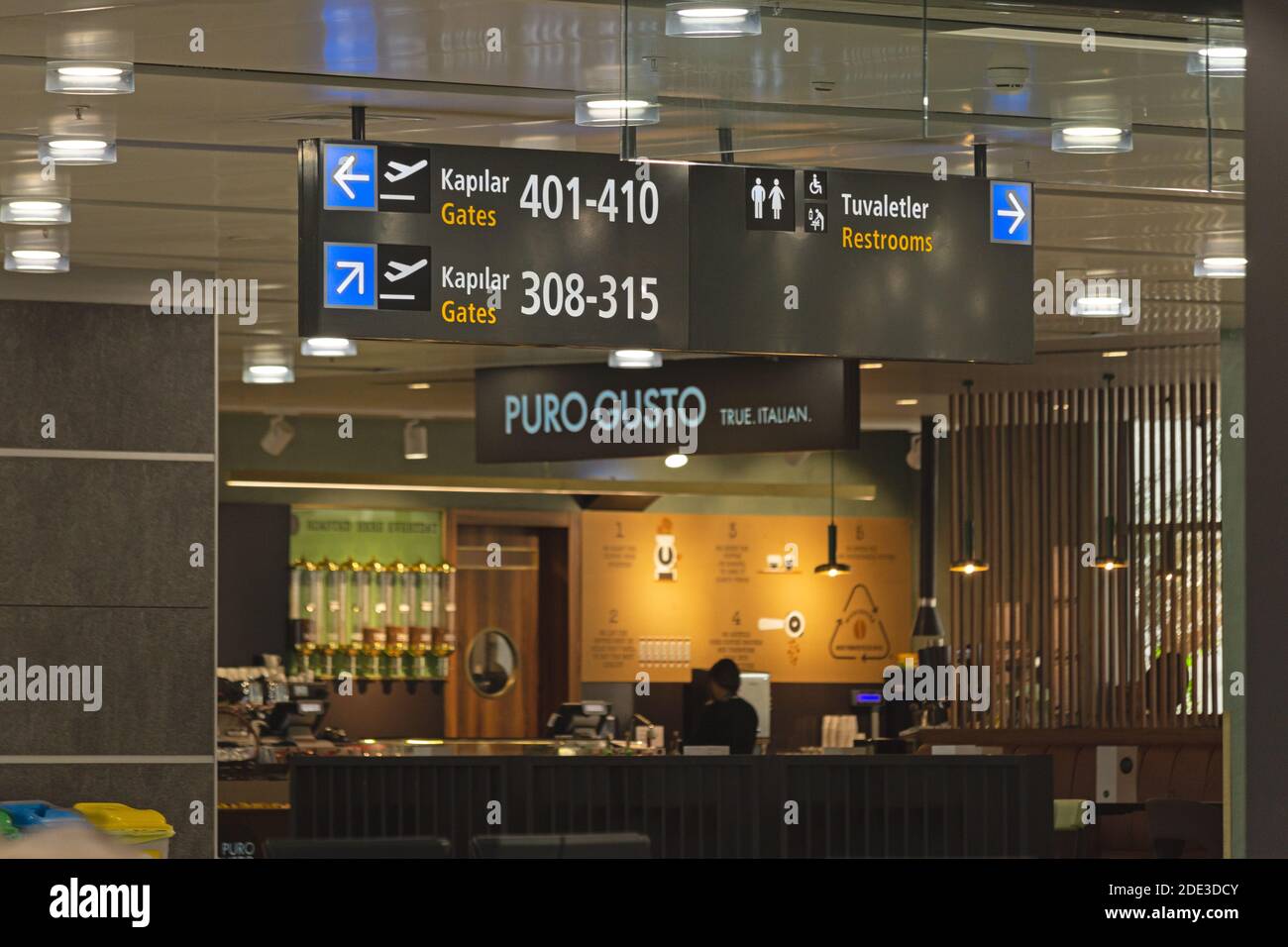 Gates and Restrooms signboard in Sabiha Gokcen Airport of Istanbul. In ...