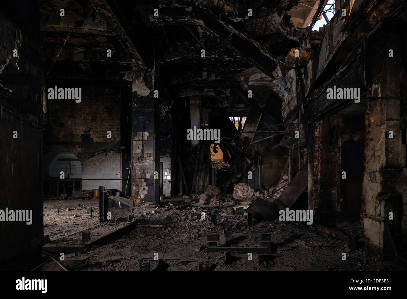 Burnt interior of industrial building or warehouse. Consequences of ...