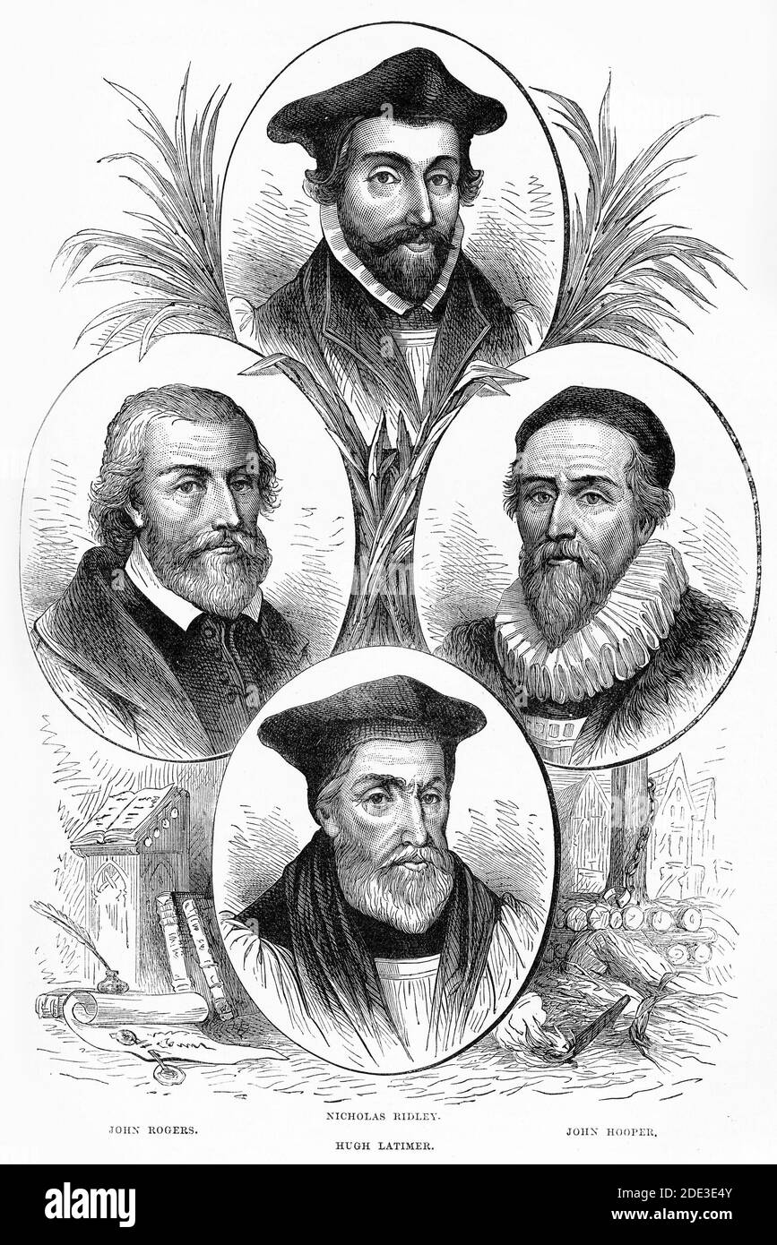 Engraving of four Protestant martyrs, Nicholas Ridley, John Rogers ...