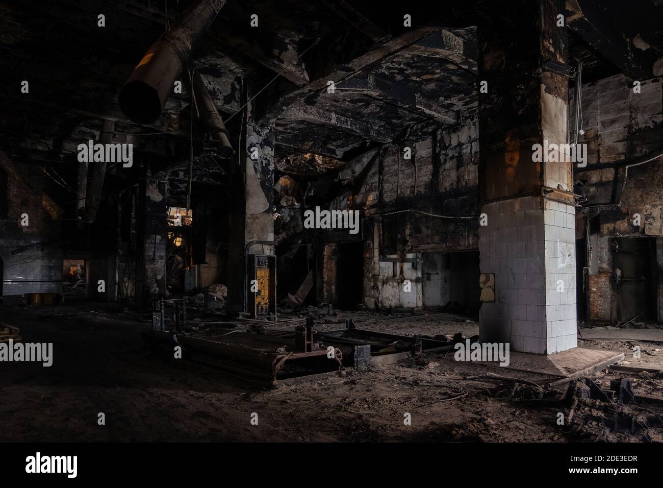 Burnt interior of industrial building or warehouse. Consequences of ...