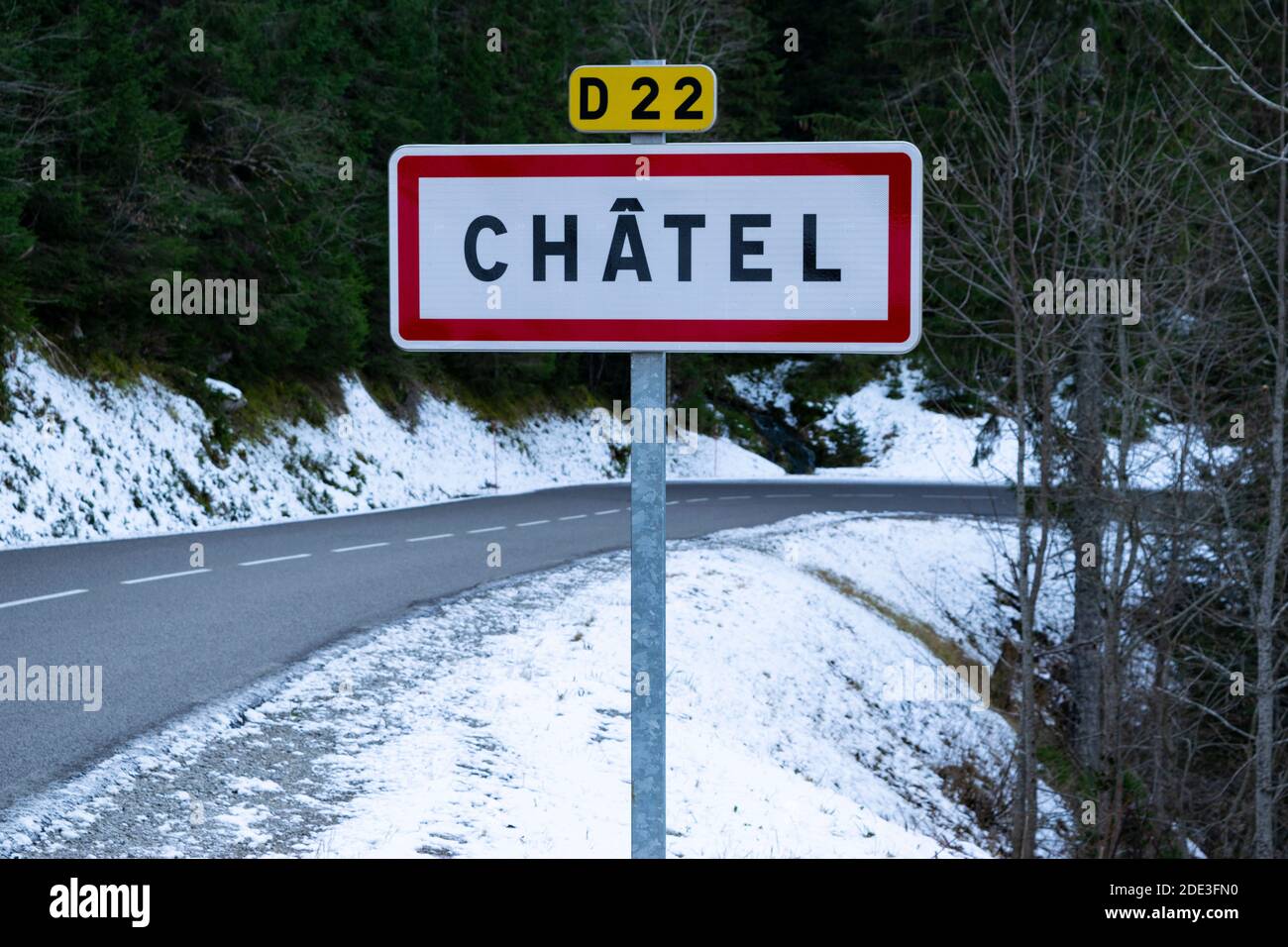 Entrance sign to Chatel, French alps Stock Photo - Alamy