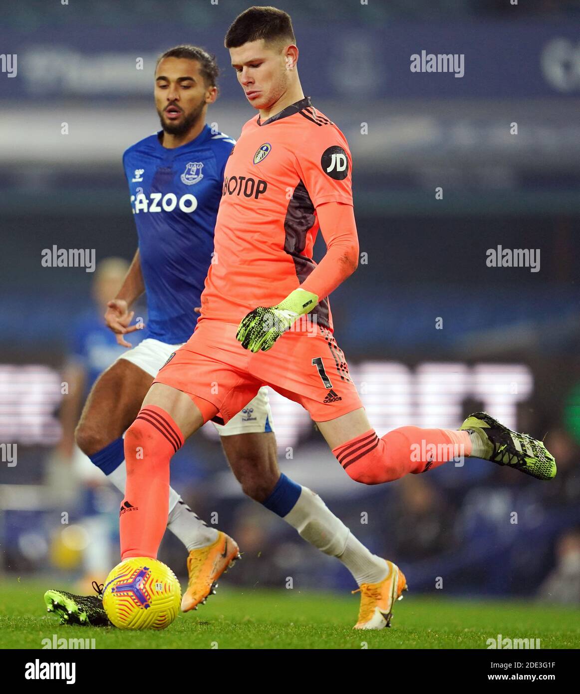 Everton's Dominic Calvert-Lewin (left) and Leeds United goalkeeper ...