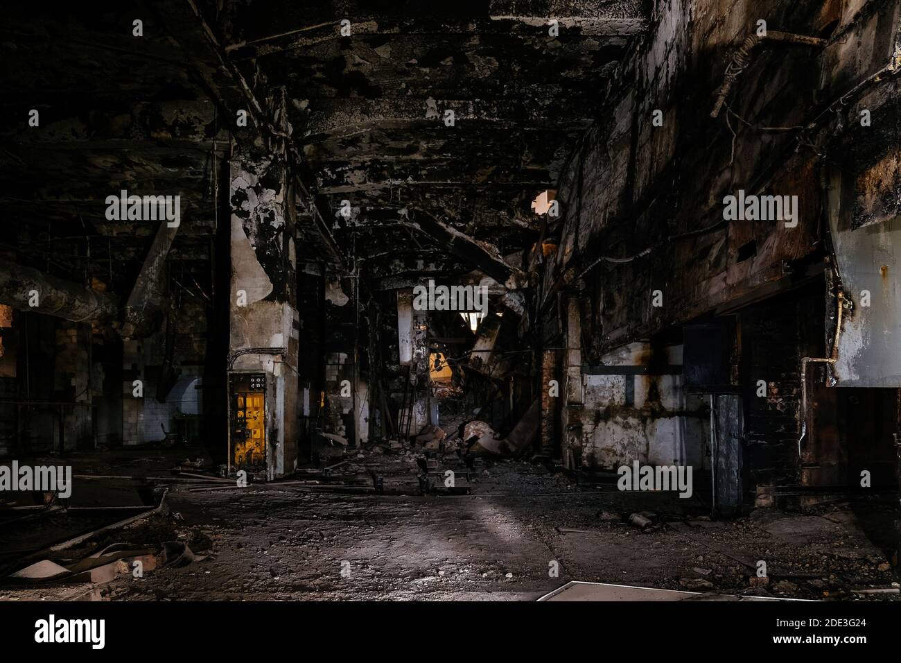 Burnt interior of industrial building or warehouse. Consequences of ...