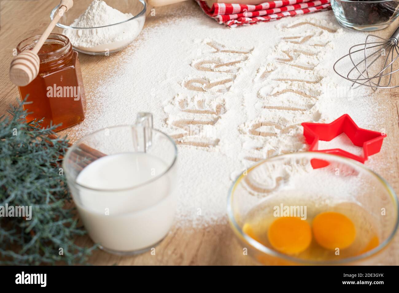 Merry Christmas text made with flour on wooden background - christmas ...