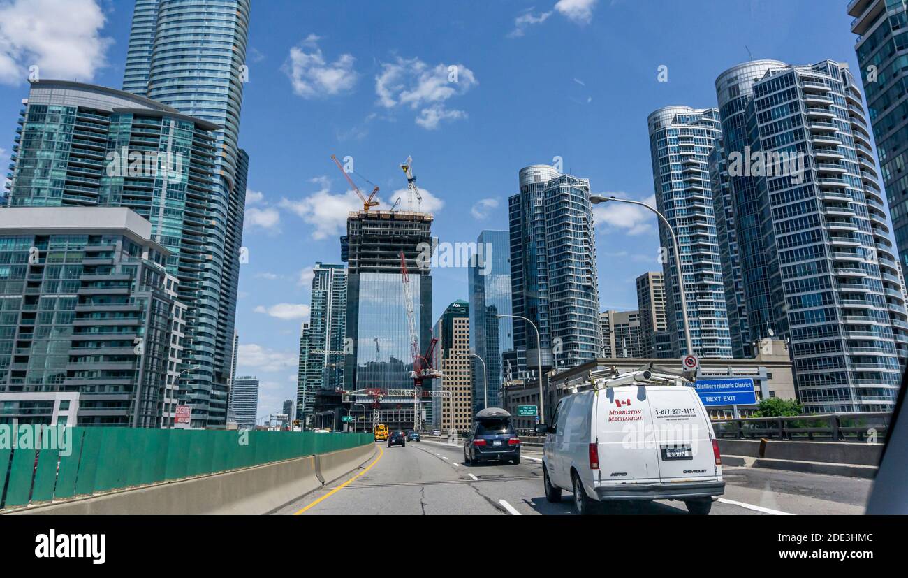 Downtown Toronto, Canada, July 2015- Road traffic on the expressway ...