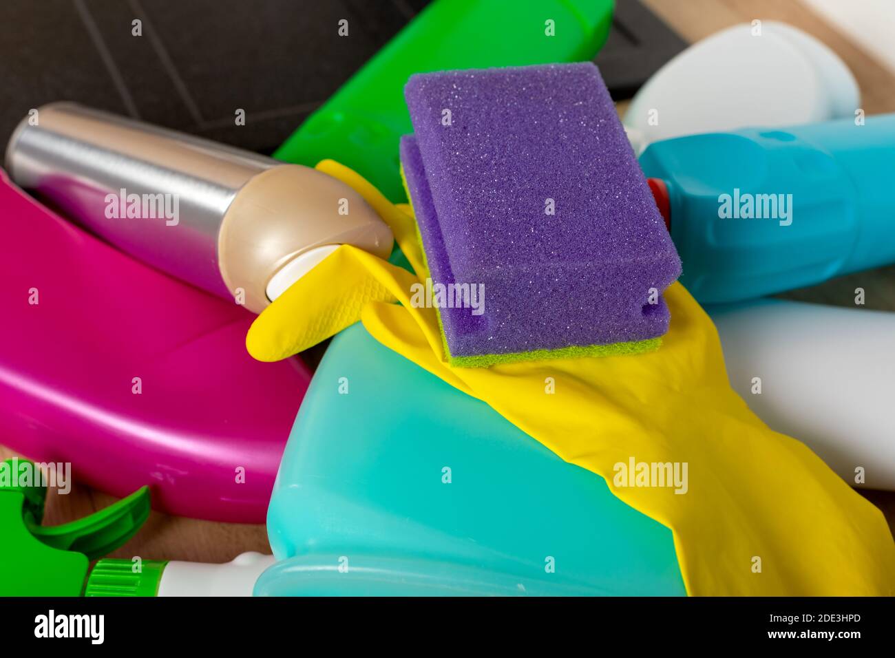 Colorful cleaning products in the kitchen Stock Photo - Alamy