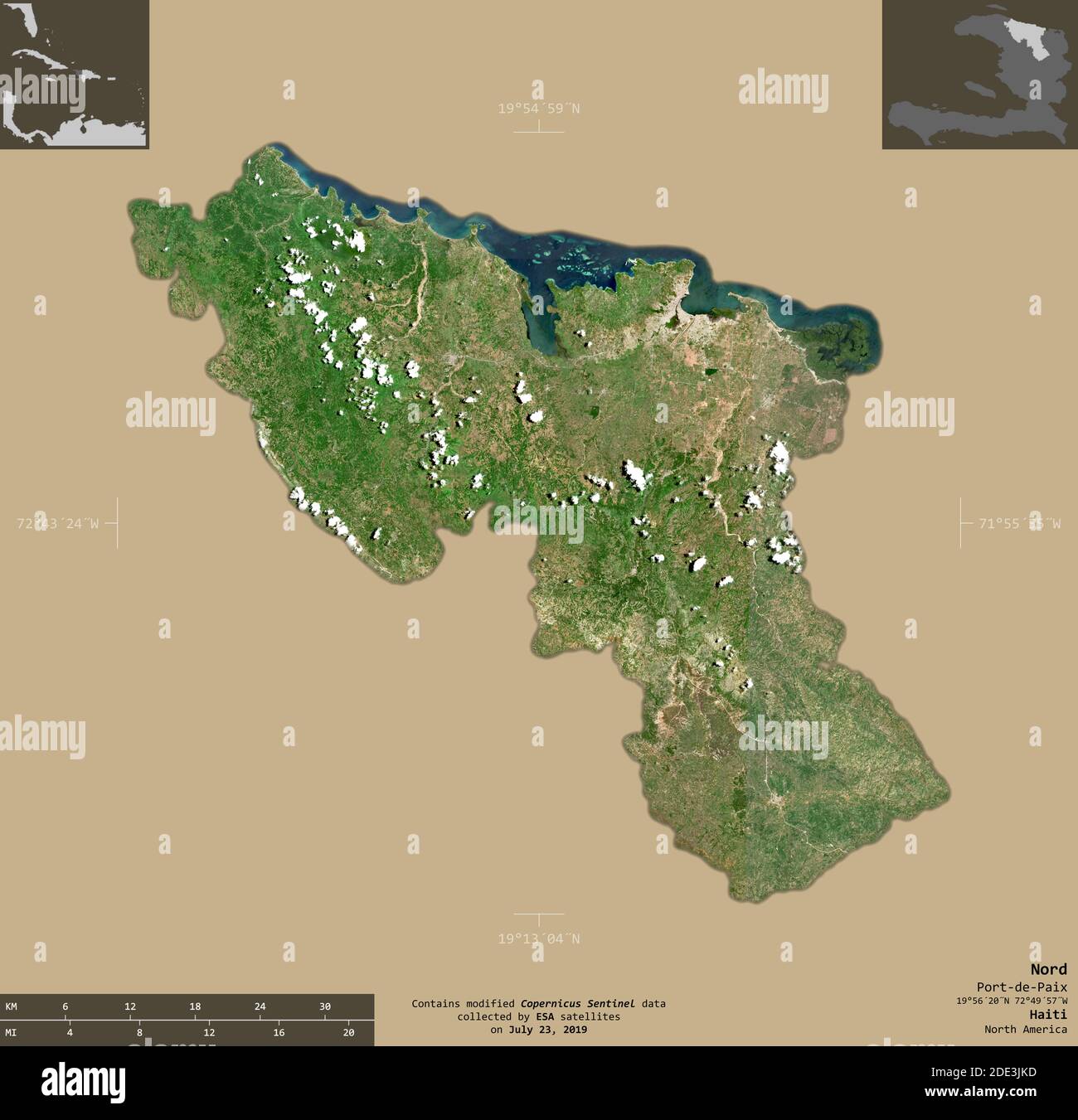 Nord, department of Haiti. Sentinel-2 satellite imagery. Shape isolated ...