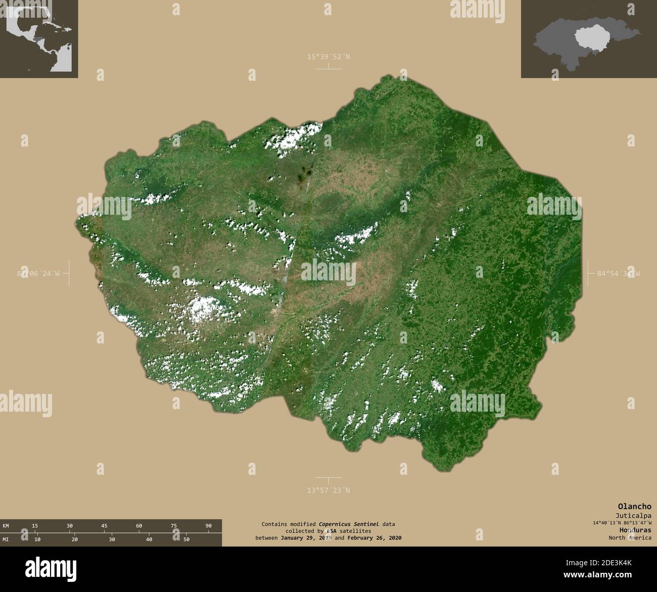 Olancho, department of Honduras. Sentinel-2 satellite imagery. Shape ...