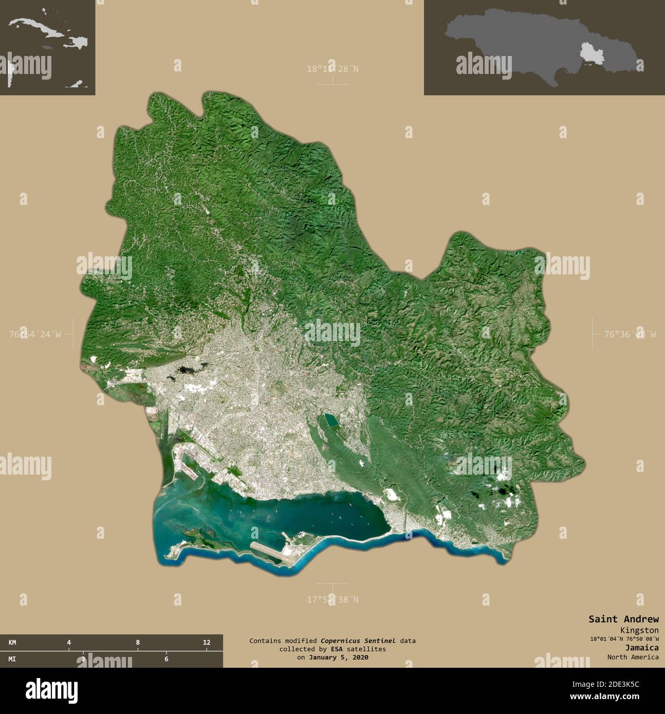 Saint Andrew Parish Of Jamaica Sentinel 2 Satellite Imagery Shape Isolated On Solid