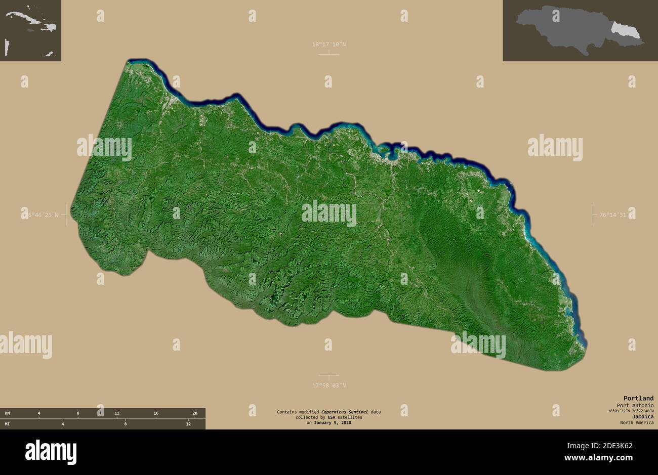 Portland, parish of Jamaica. Sentinel-2 satellite imagery. Shape ...
