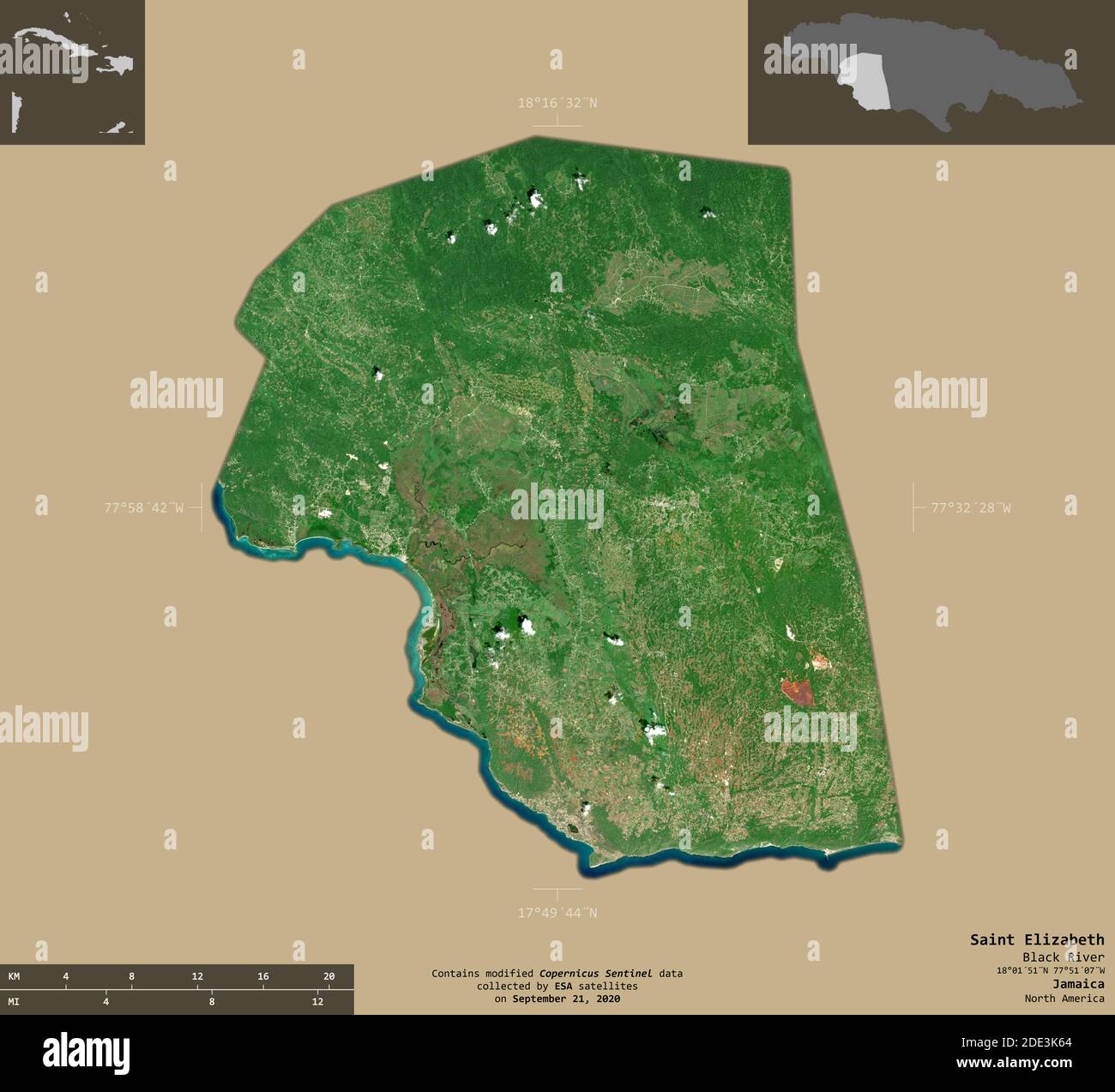 Saint Elizabeth, parish of Jamaica. Sentinel-2 satellite imagery. Shape ...