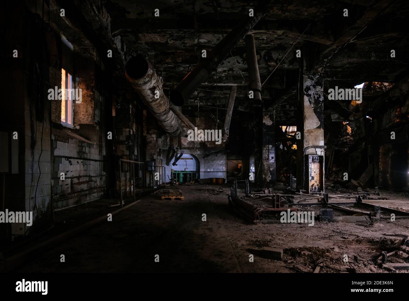 Burnt interior of industrial building or warehouse. Consequences of ...