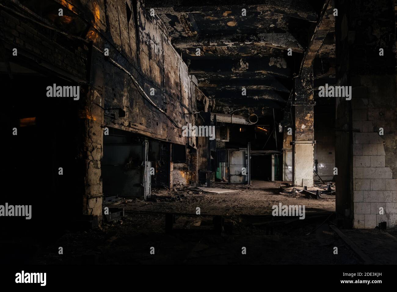 Burnt interior of industrial building or warehouse. Consequences of ...