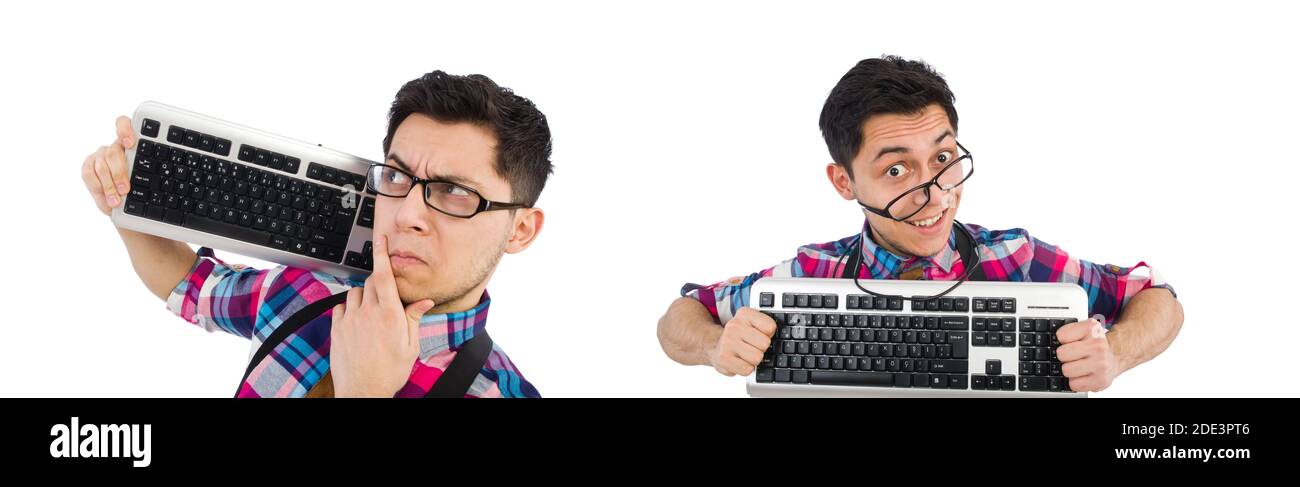 The computer nerd with keyboard isolated on white Stock Photo - Alamy