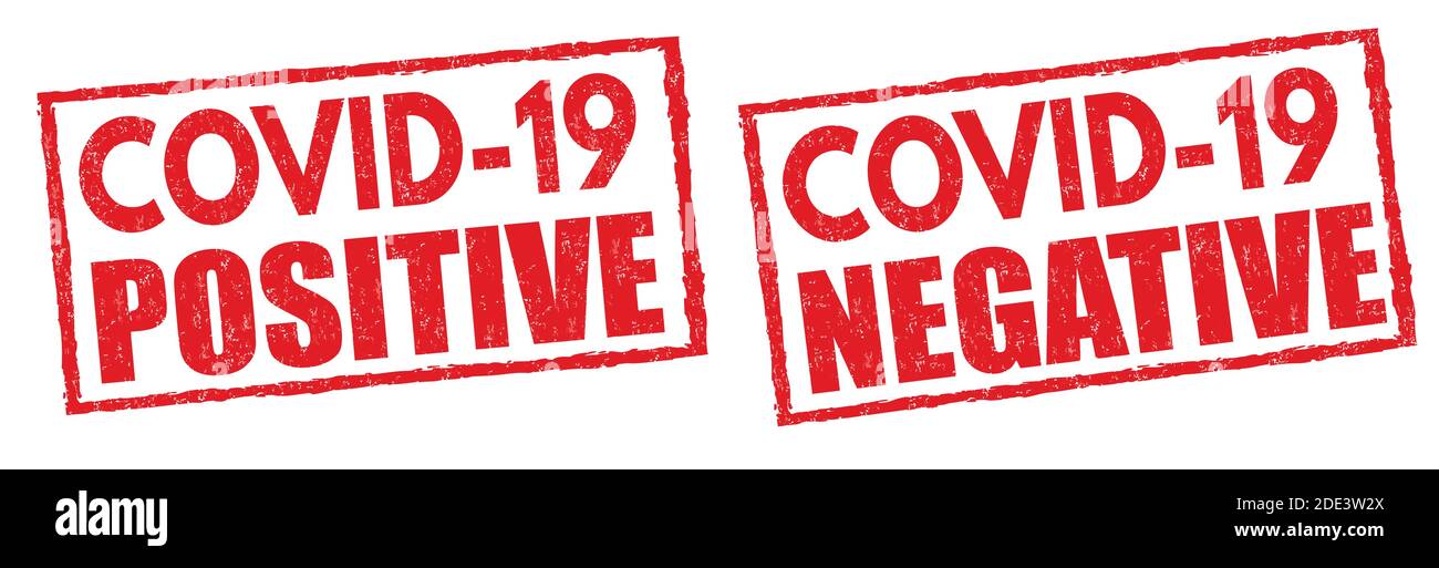 Covid-19 positive and negative signs or stamps on white background ...