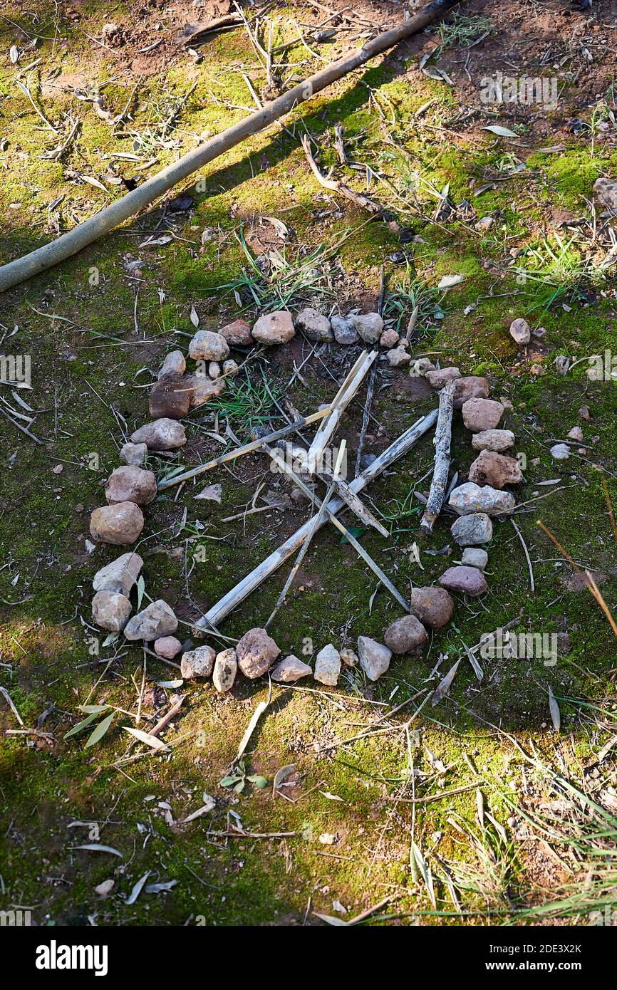 Circle of stones, with wooden sticks inside, symbols, vegetation Stock ...