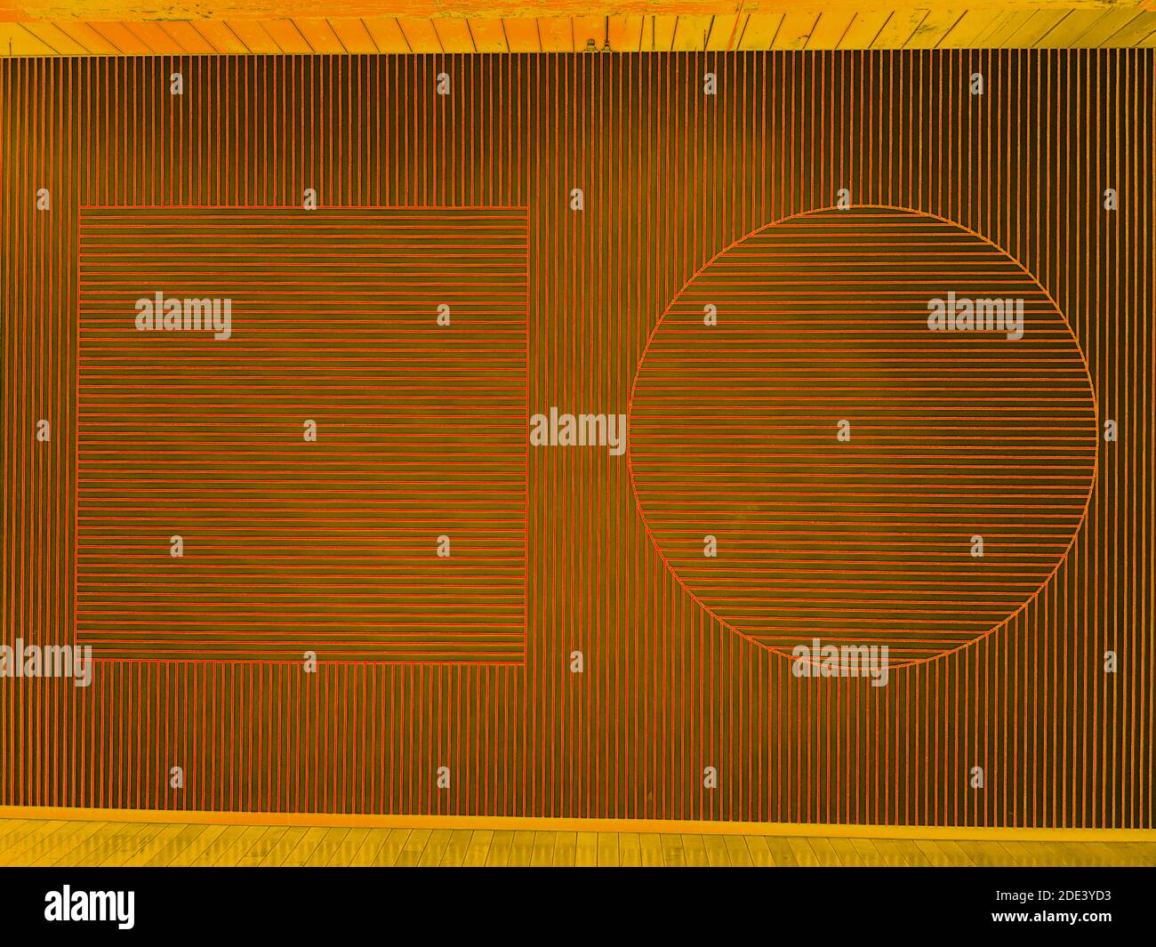 Moire pattern of square square, circle and lines in gold, brown and ...