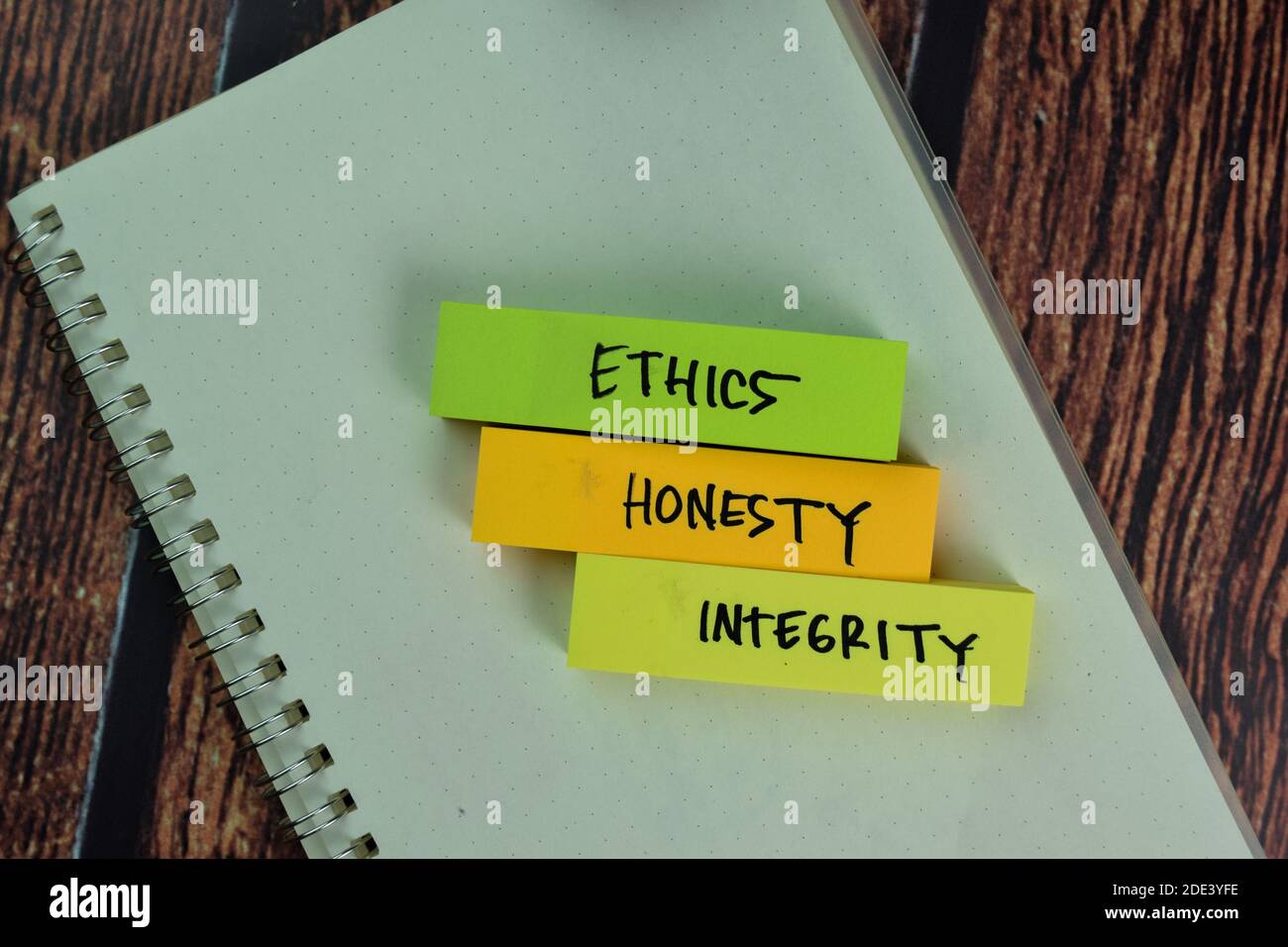 Ethics, Honesty, Integrity text on sticky notes isolated on green desk ...