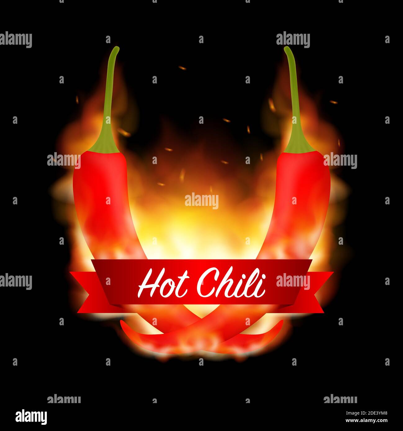 A burning hot spicy red chilli pepper covered in flames. Extra spicy ...