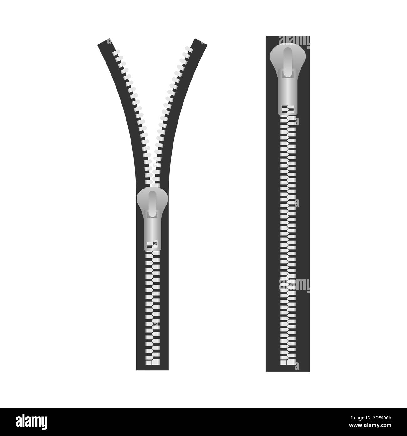 zippers type set fastener. Metallic closed and open zippers and pullers. Vector illustration ...