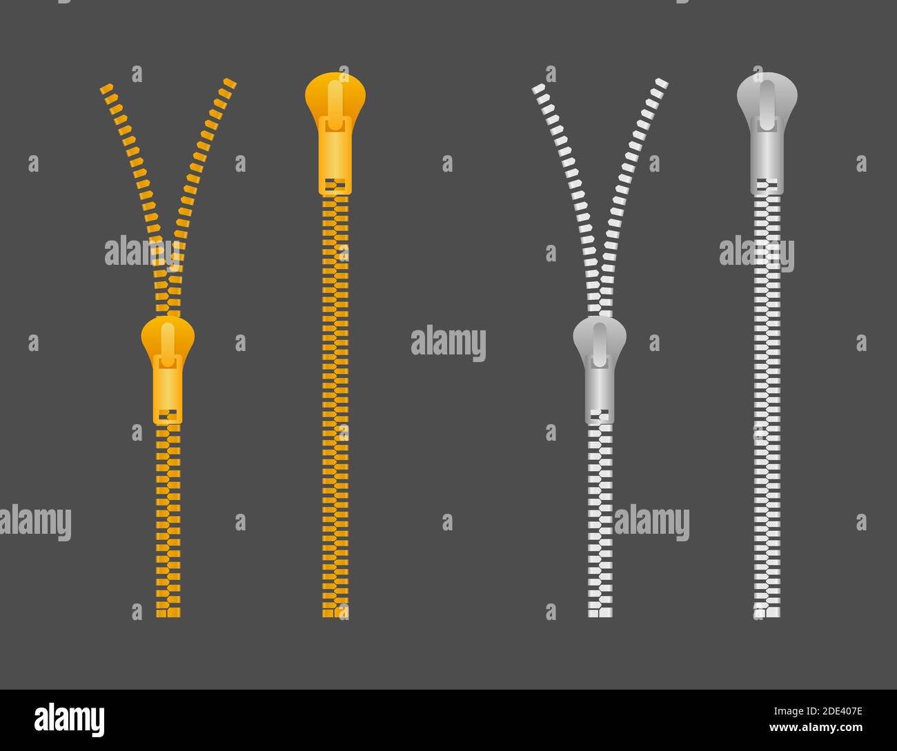 zippers type set fastener. Metallic closed and open zippers and pullers. Vector illustration ...