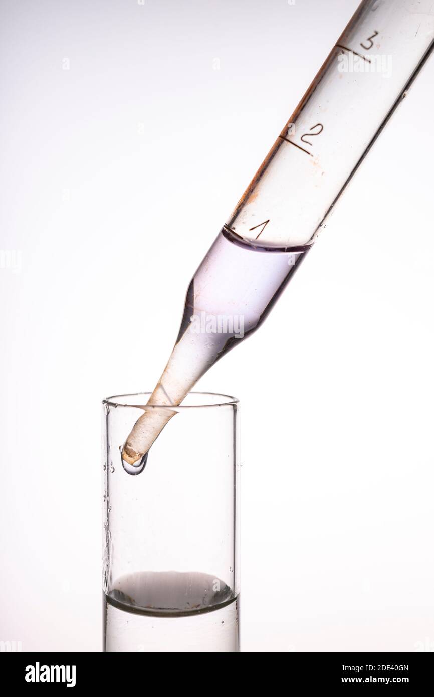 Glass pipette and measuring cup with liquid. Accessories in the ...