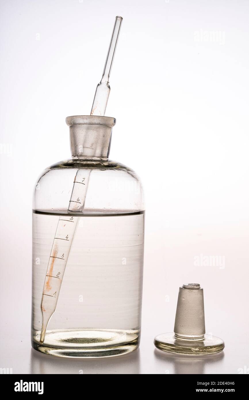 Glass pipette and chemical bottle. Accessories in the chemical ...