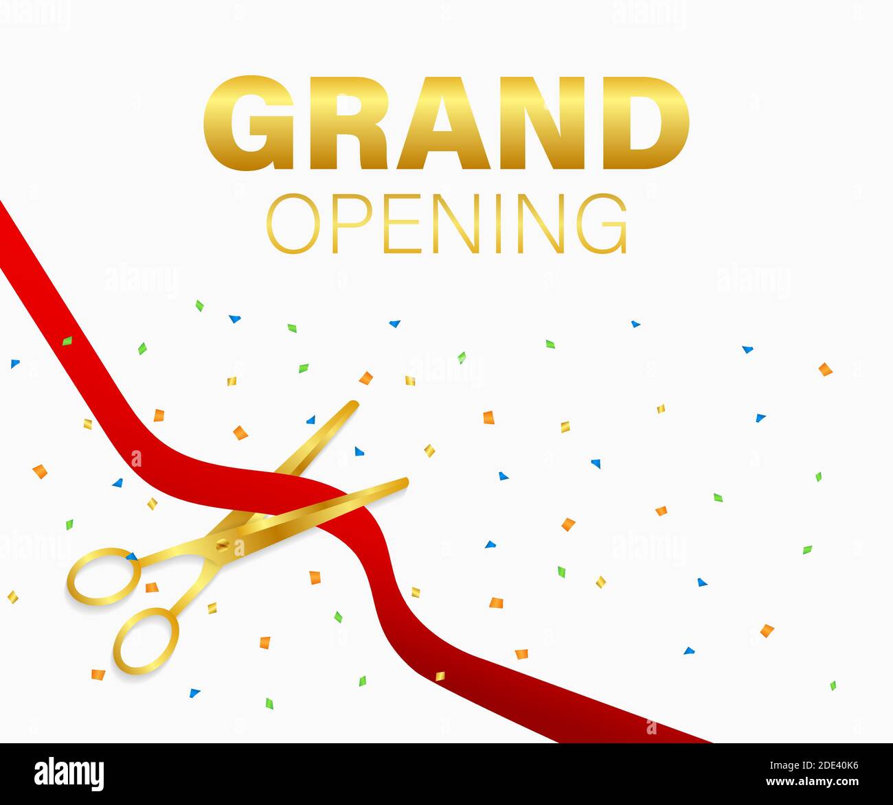 Grand opening card with red ribbon and gold scissors. Vector stock ...