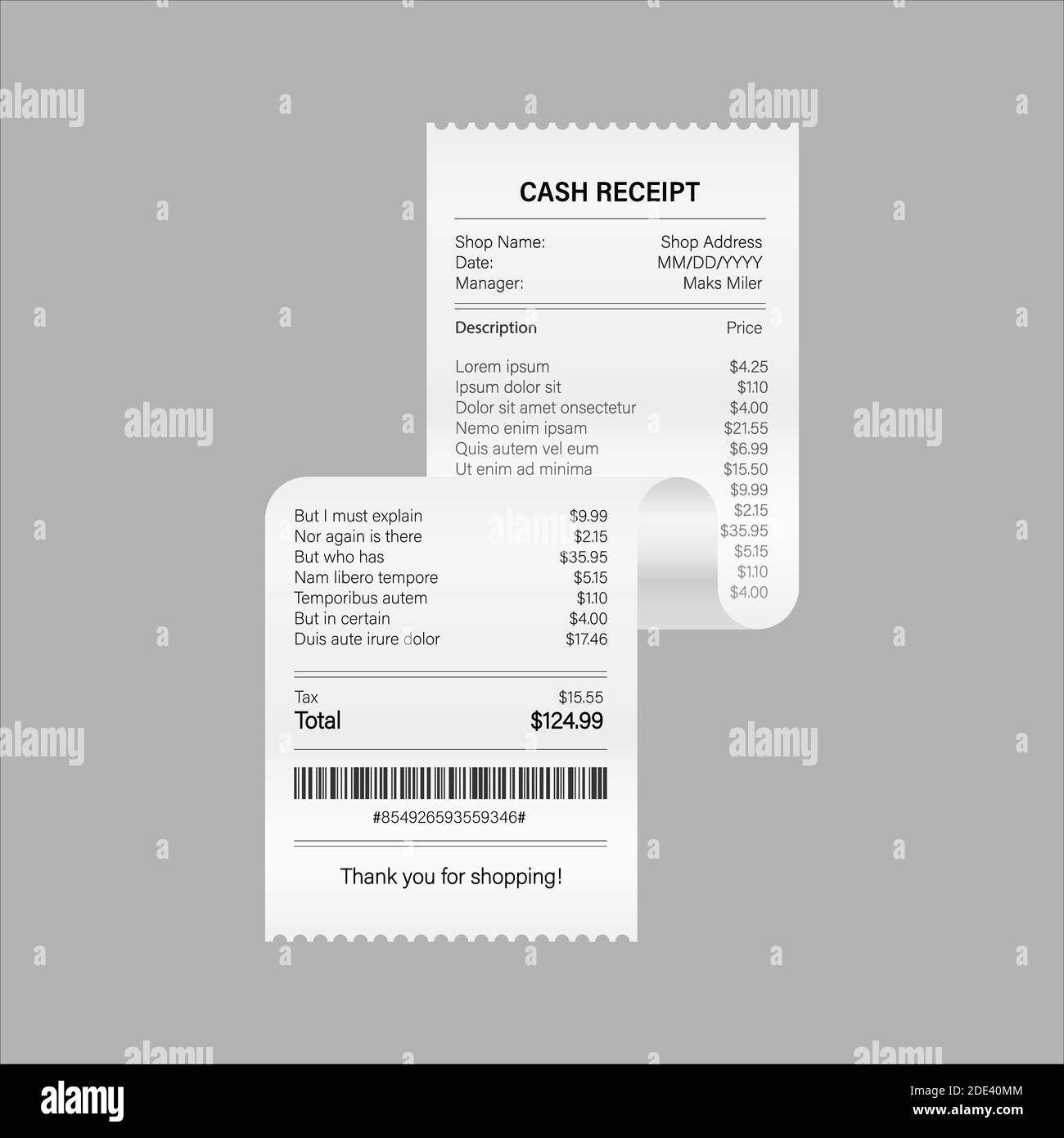 Receipts vector illustration of realistic payment paper bills for cash or credit card ...