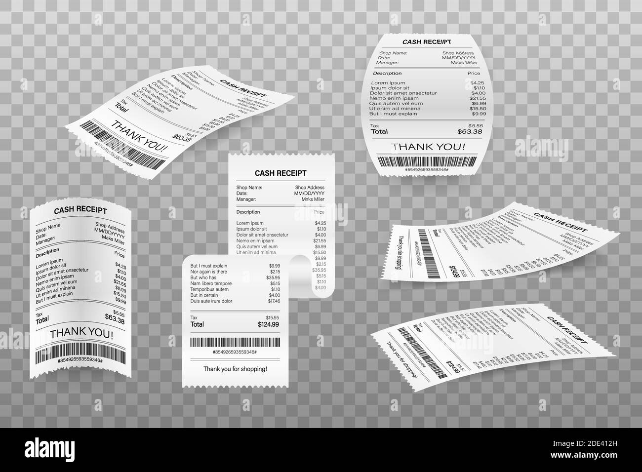 Set Receipts vector illustration of realistic payment paper bills for ...