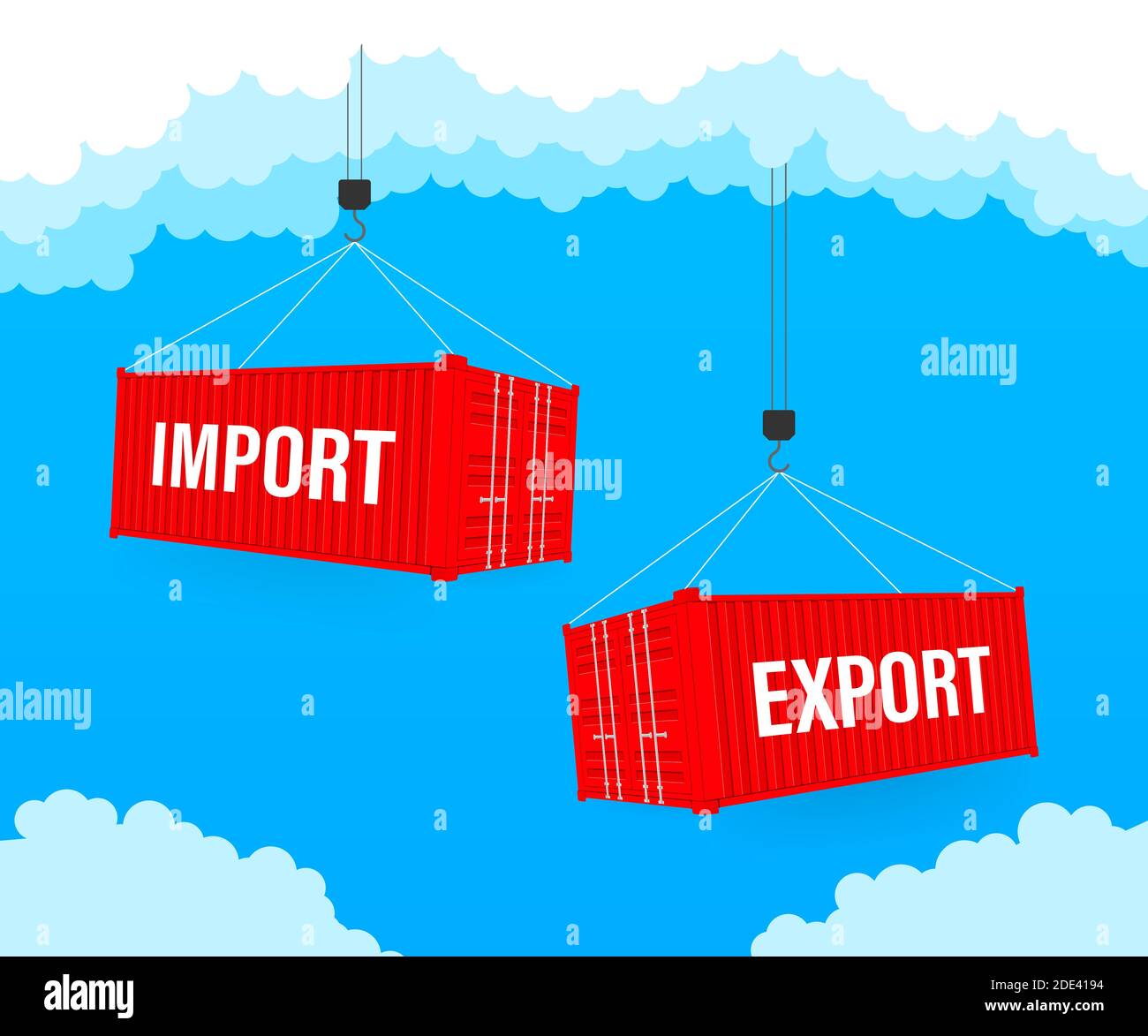 Port crane lift two red cargo containers with import and export words ...