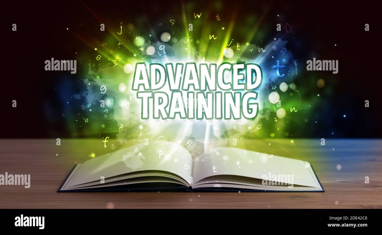 ADVANCED TRAINING inscription coming out from an open book, educational ...