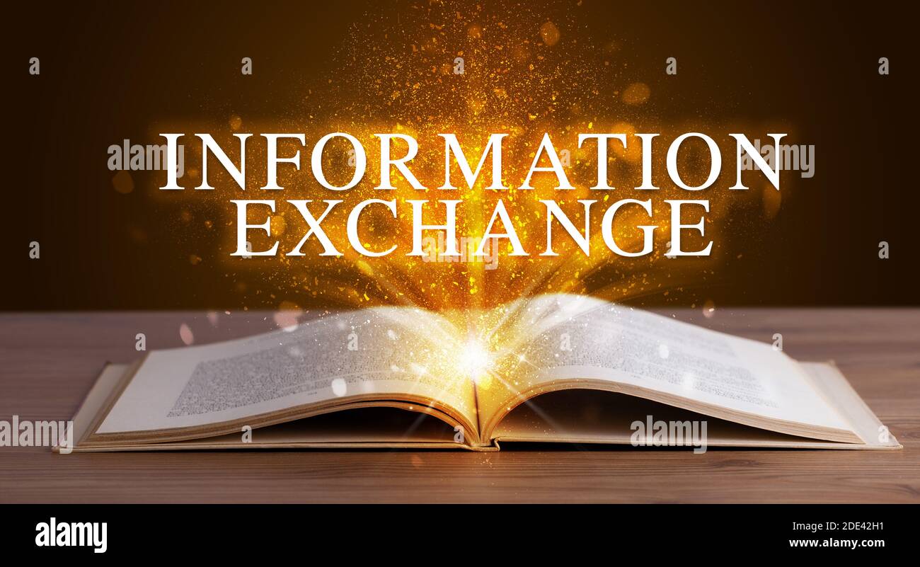 INFORMATION EXCHANGE inscription coming out from an open book ...