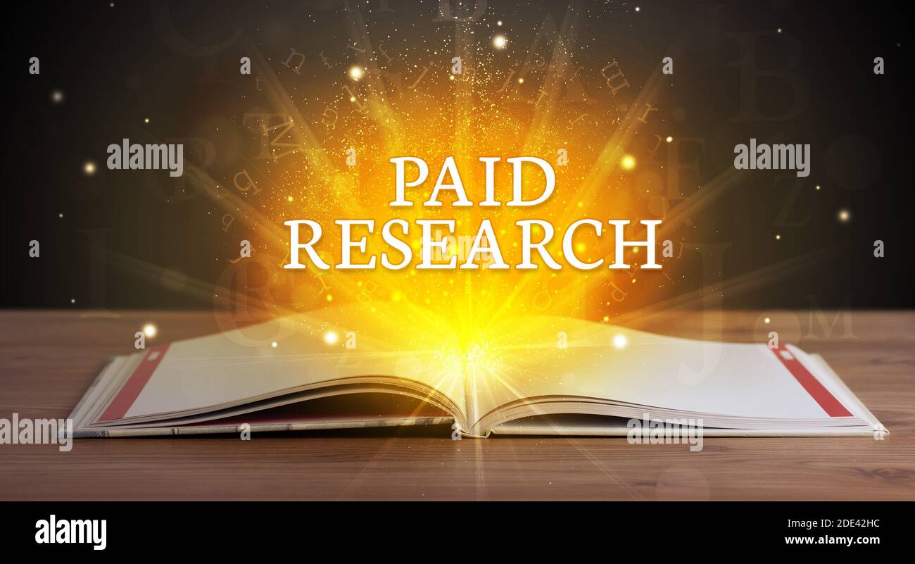 PAID RESEARCH inscription coming out from an open book, educational ...