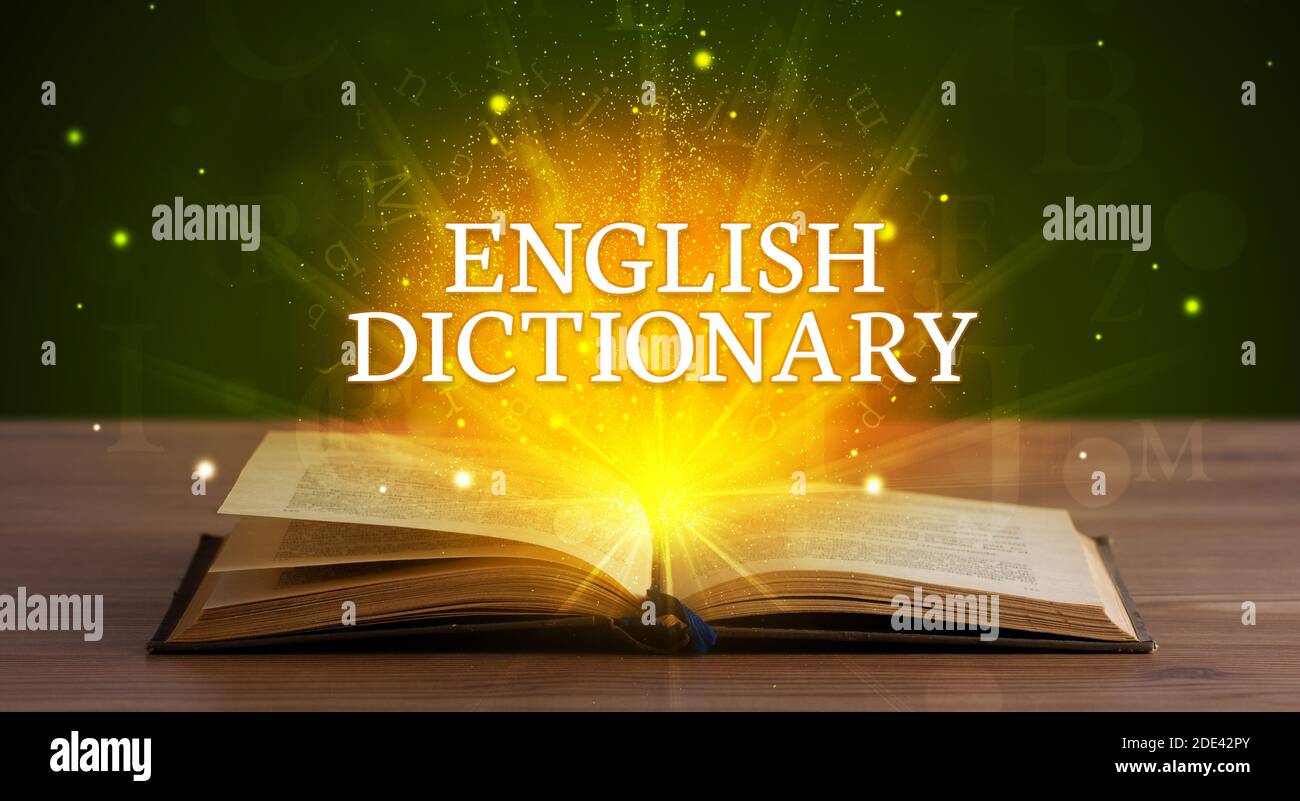 ENGLISH DICTIONARY inscription coming out from an open book ...