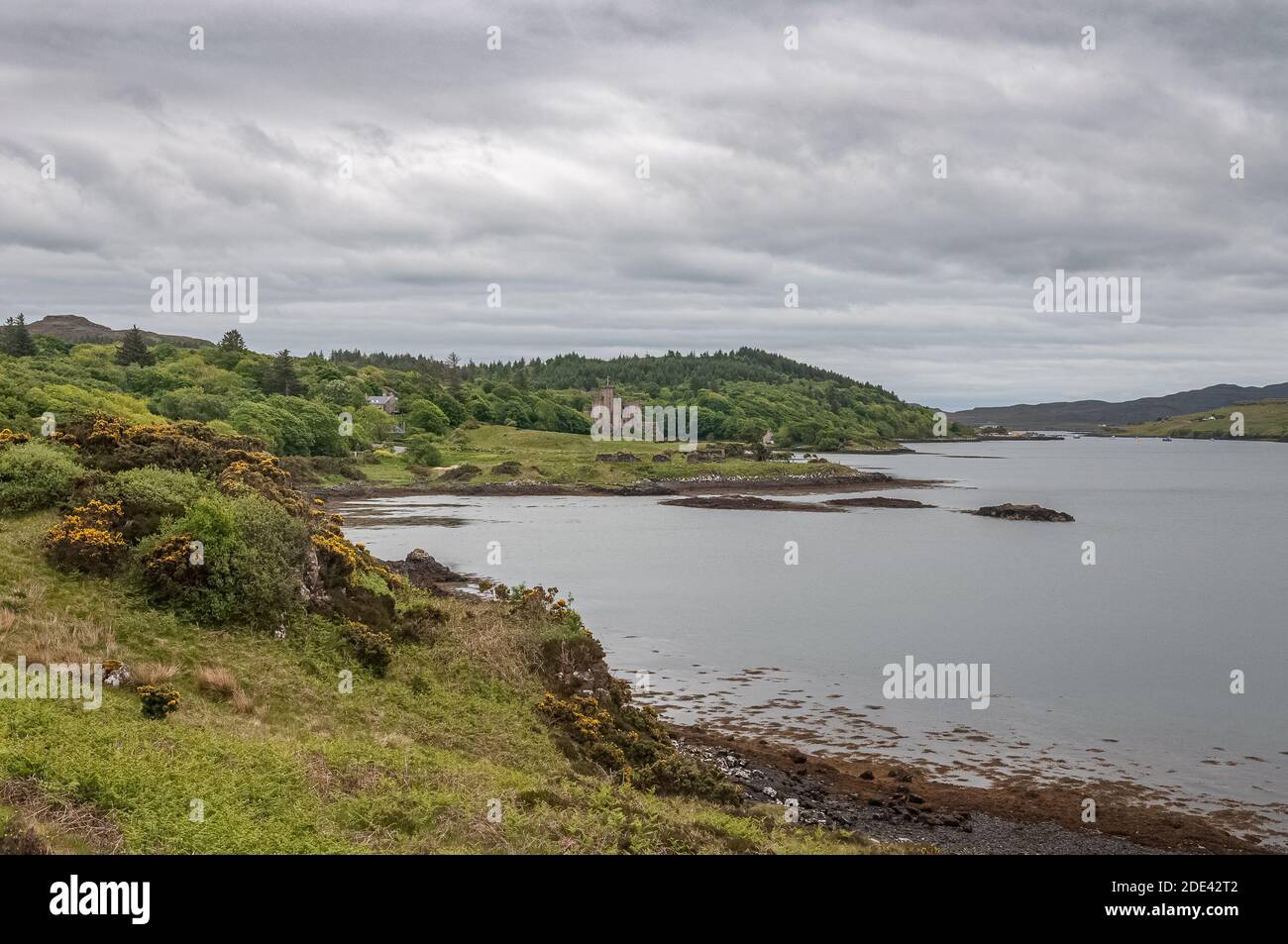 Panorama of the bay of Dunvegan loch with Dunvegan castle. Concept ...