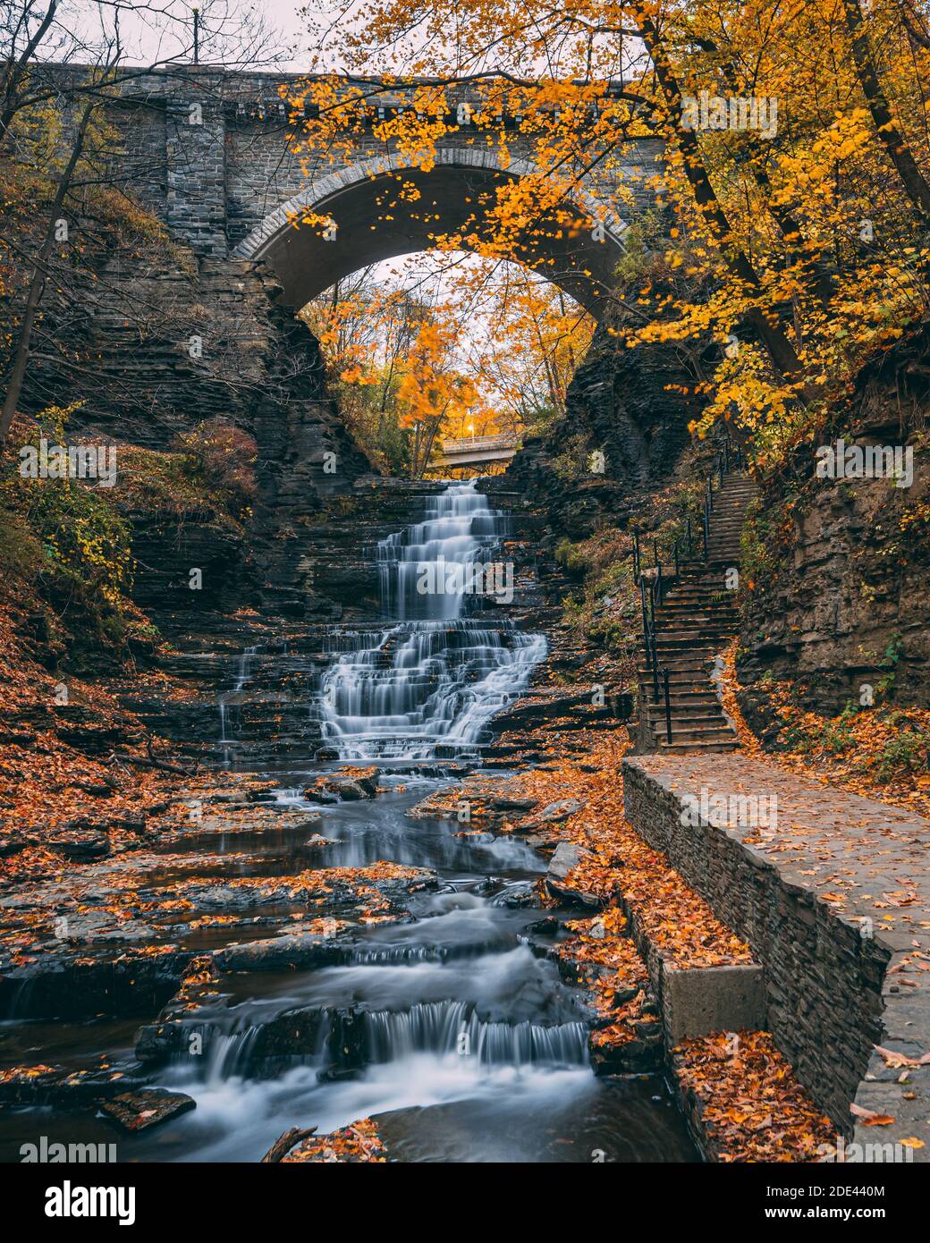 Waterfall in Cascadilla Gorge with autumn color, in Ithaca, New York ...