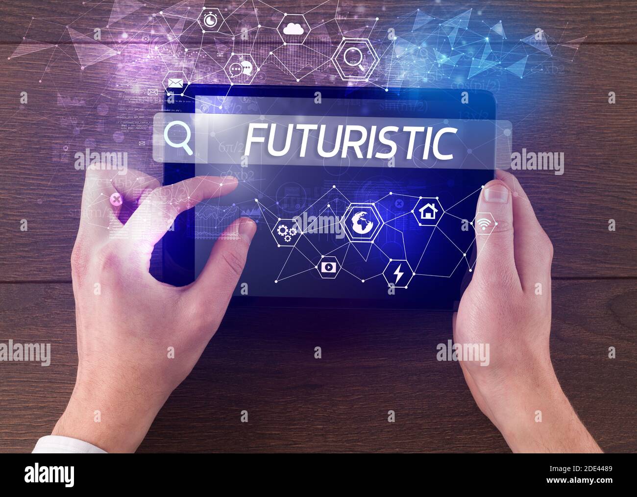 Close-up of a tablet searching FUTURISTIC inscription, hi-tech ...