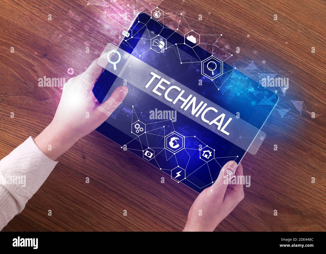 Close-up of a tablet searching TECHNICAL inscription, hi-tech computing ...