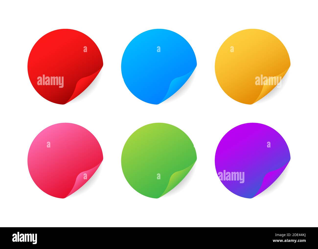 Realistic stickers. Round multicolored stickers with folded edges ...