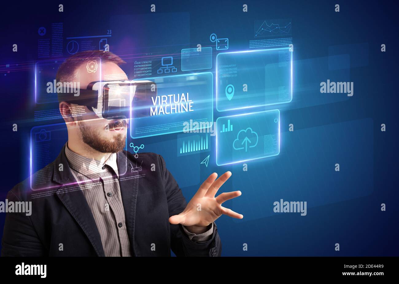 Businessman looking through Virtual Reality glasses with VIRTUAL ...